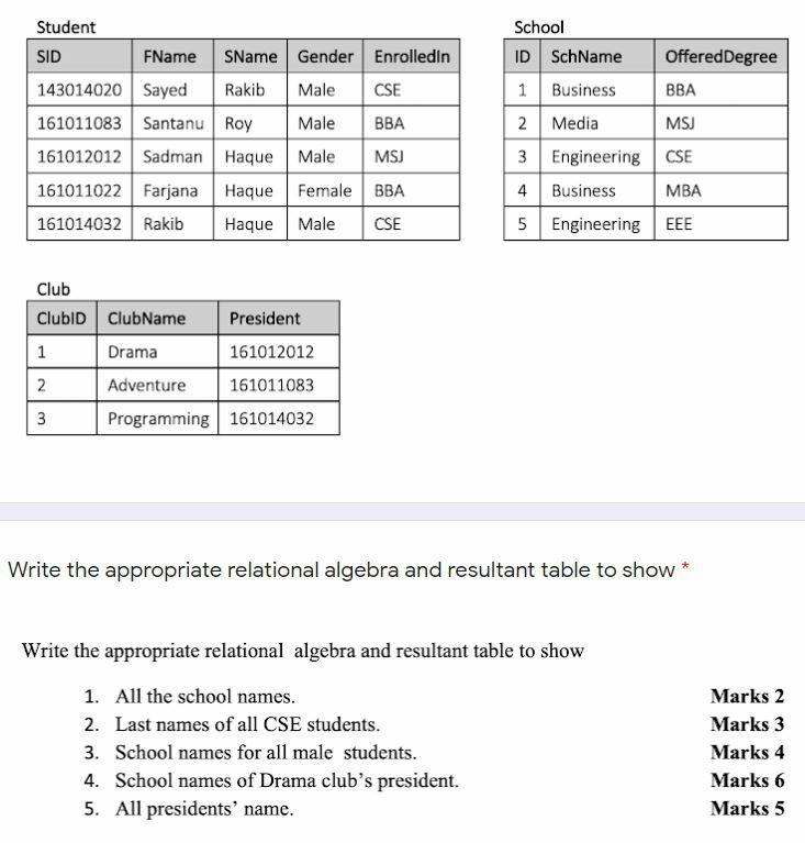 Solved Student SID FName SName Gender EnrolledIn 143014020 | Chegg.com