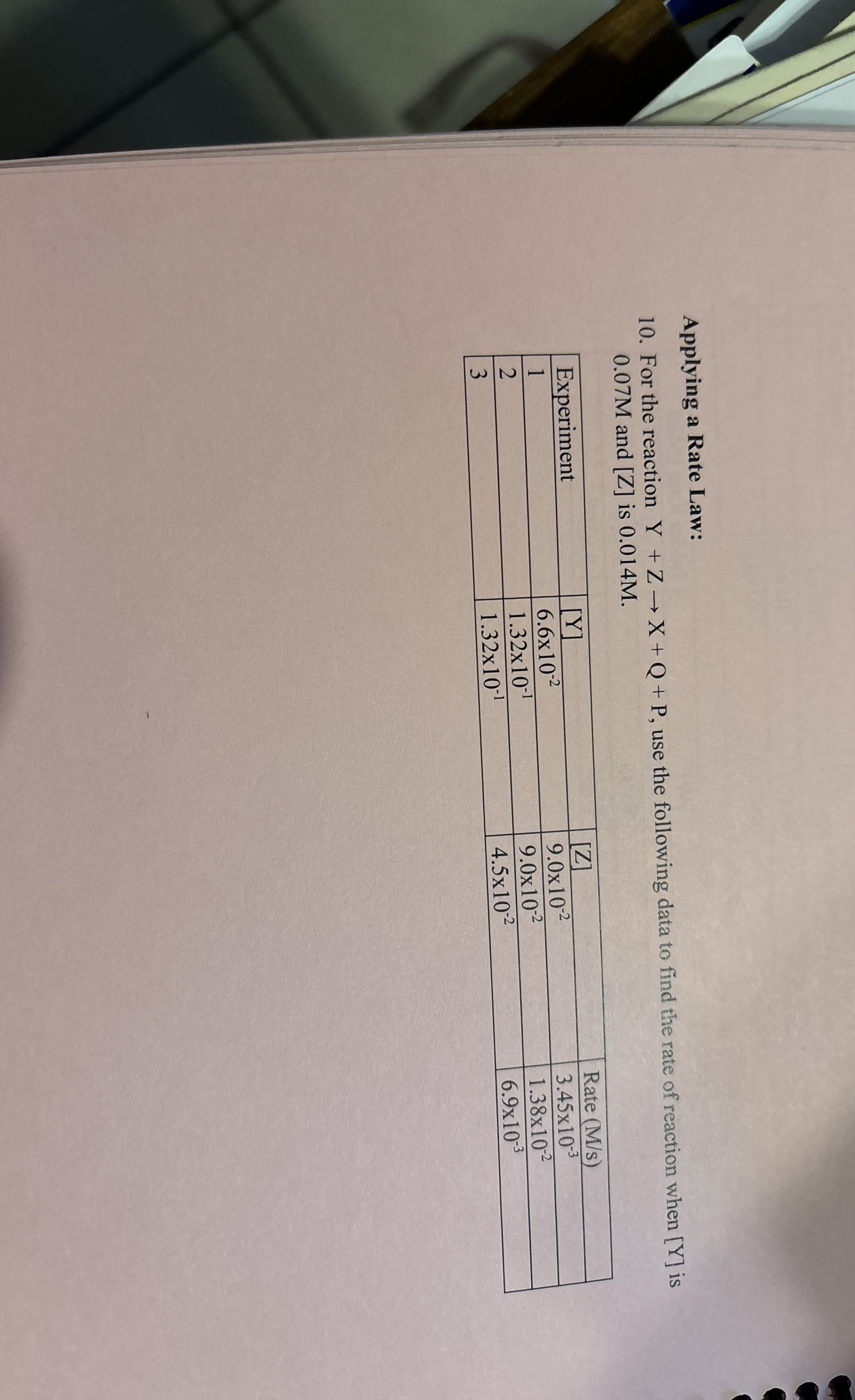Applying a Rate Law:10. ﻿For the reaction Y+Z→x+Q+P, | Chegg.com