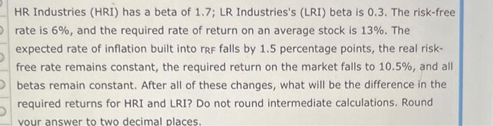 Solved HR Industries (HRI) has a beta of 1.7; LR | Chegg.com