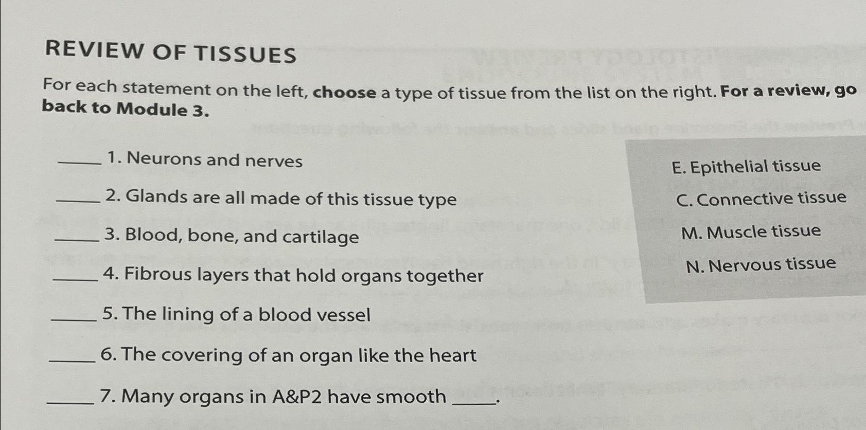 Solved REVIEW OF TISSUESFor each statement on the left, | Chegg.com