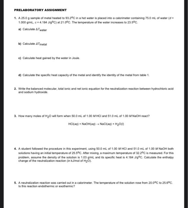 Solved CALORIMETRY OBJECTIVES • To determine the specific | Chegg.com