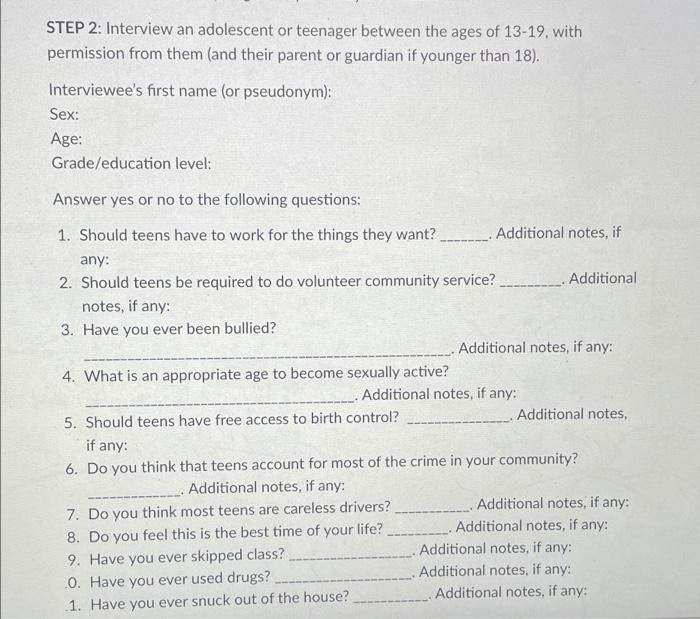 Solved STEP 2: Interview an adolescent or teenager between | Chegg.com