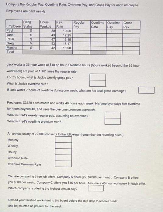 Solved Compute the Regular Pay, Overtime Rate, Overtime Pay, | Chegg.com