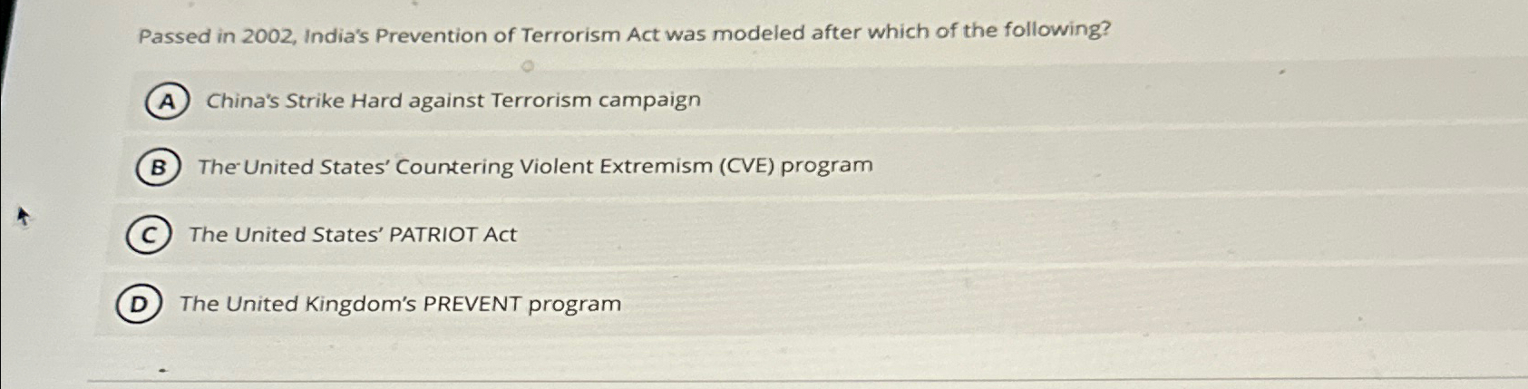 Solved Passed in 2002, ﻿India's Prevention of Terrorism Act | Chegg.com