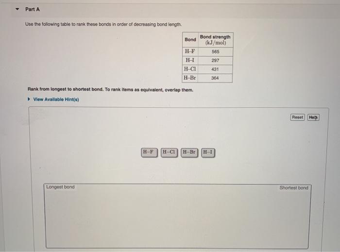 Solved Part A Use the following table to rank these bonds in | Chegg.com