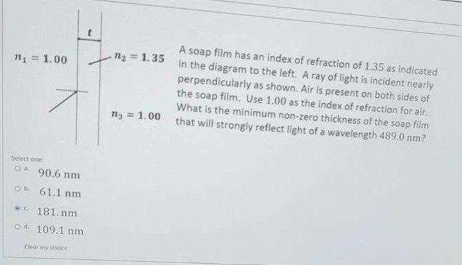Solved A soap film has an index of refraction of 1.35 as | Chegg.com