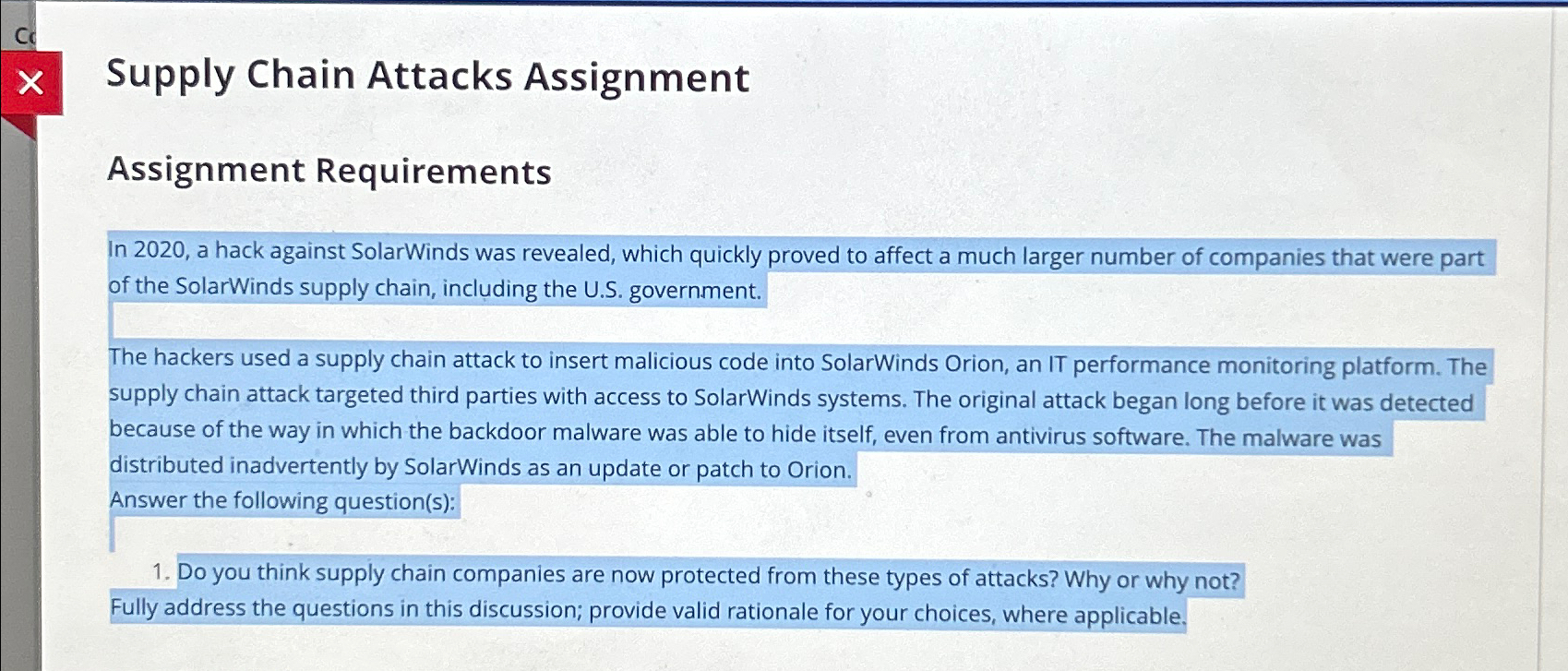 Solved Supply Chain Attacks AssignmentAssignment | Chegg.com