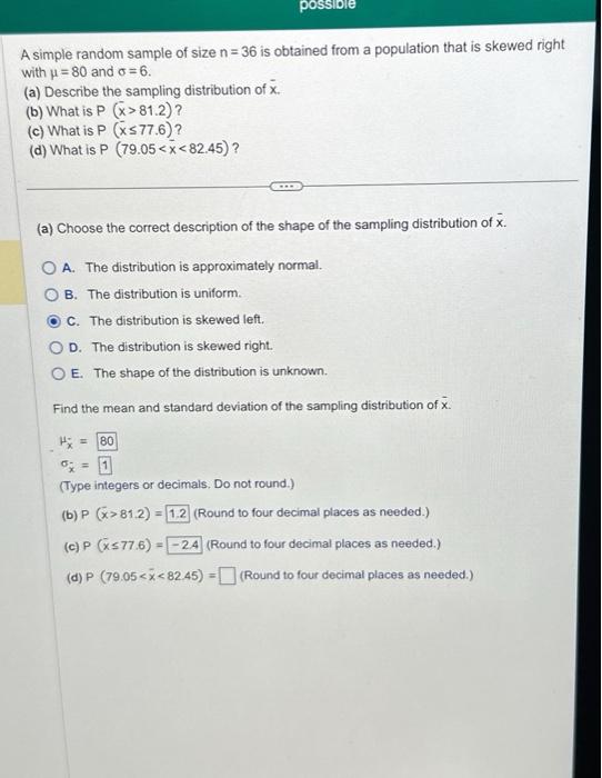 Solved A simple random sample of size n=36 is obtained from | Chegg.com