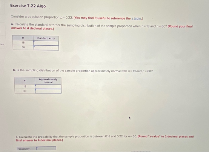 Solved Exercise 7-22 Algo Consider a population proportion | Chegg.com