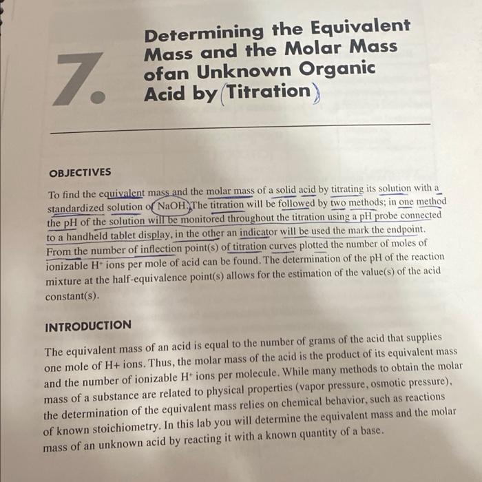 Determining the Equivalent Mass and the Molar Mass | Chegg.com