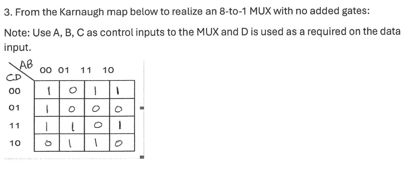 Solved From the Karnaugh map below to realize an 8-to-1 ﻿MUX | Chegg.com