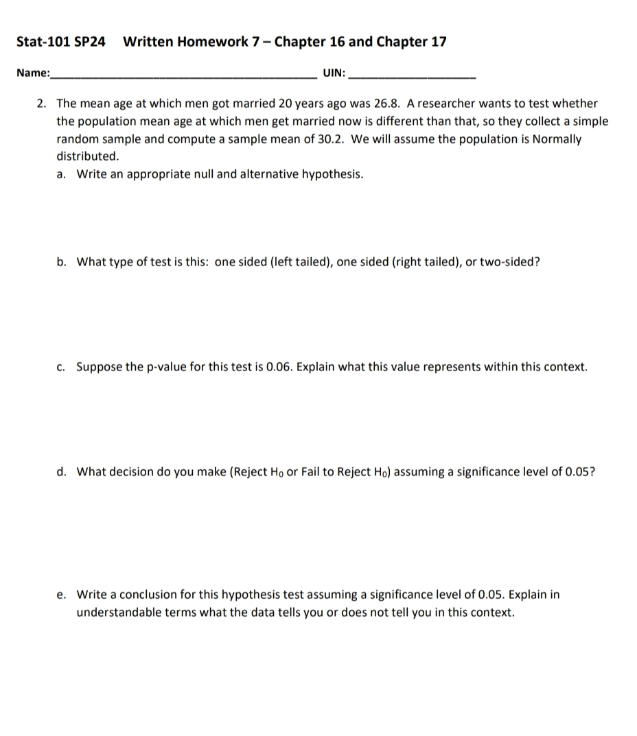 Solved Stat 101 ﻿sp24 ﻿written Homework 7 ﻿chapter 16 ﻿and