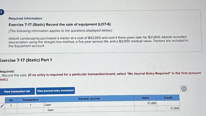 Solved Required information Exercise 7-17 (Static) Record | Chegg.com