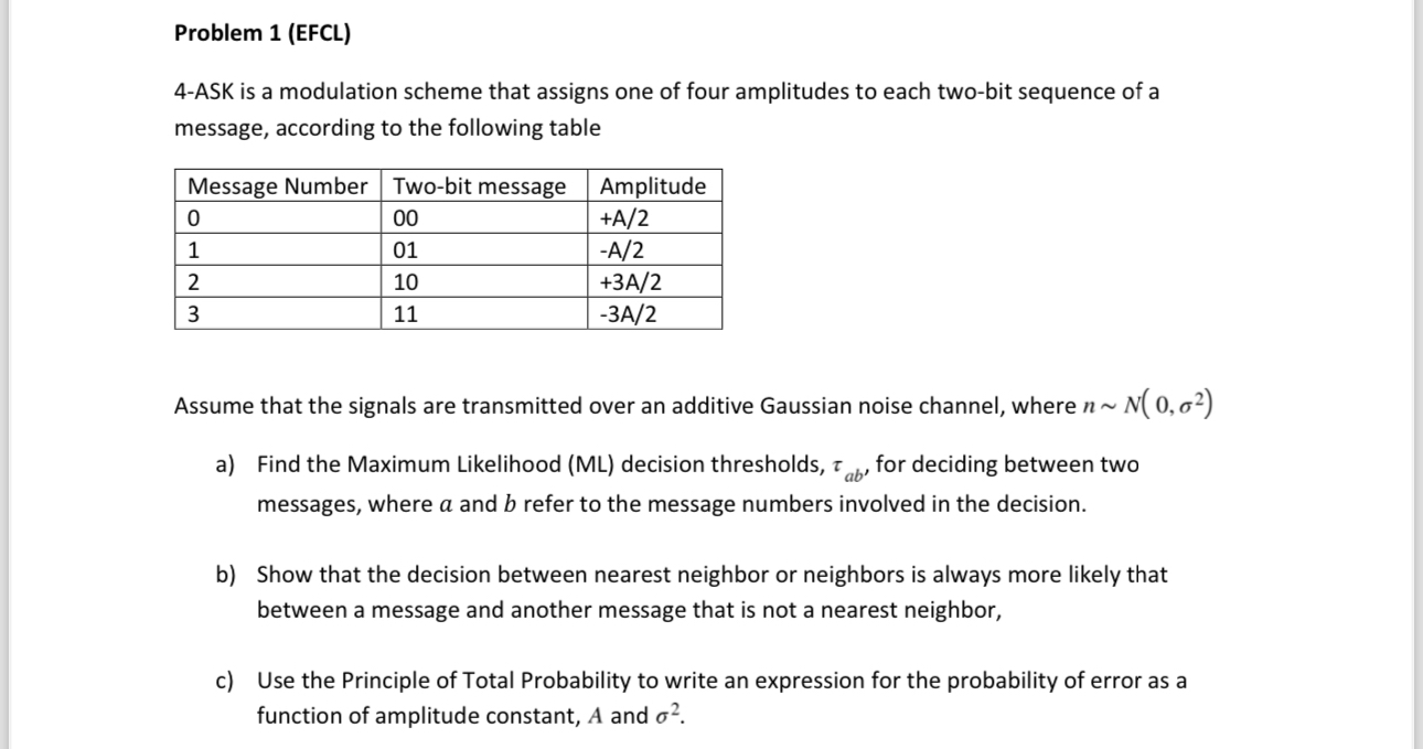 Solved Problem 1 (EFCL)4-ASK is a modulation scheme that | Chegg.com