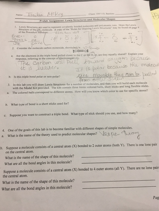 Solved Name: Tanikia Makon Chem 105/10, Section Prelab | Chegg.com