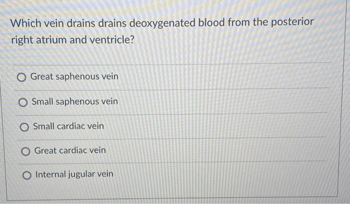 Solved Which vein drains drains deoxygenated blood from the | Chegg.com
