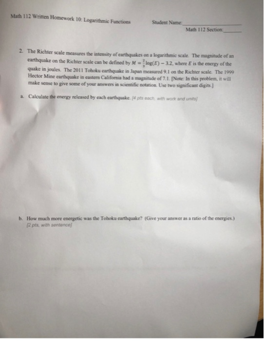 Solved Math 112 Written Homework 10: Logarithmic Functions | Chegg.com