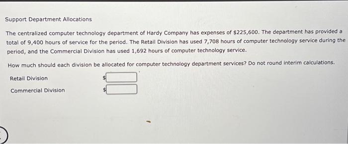 Solved Support Department Allocations The centralized | Chegg.com