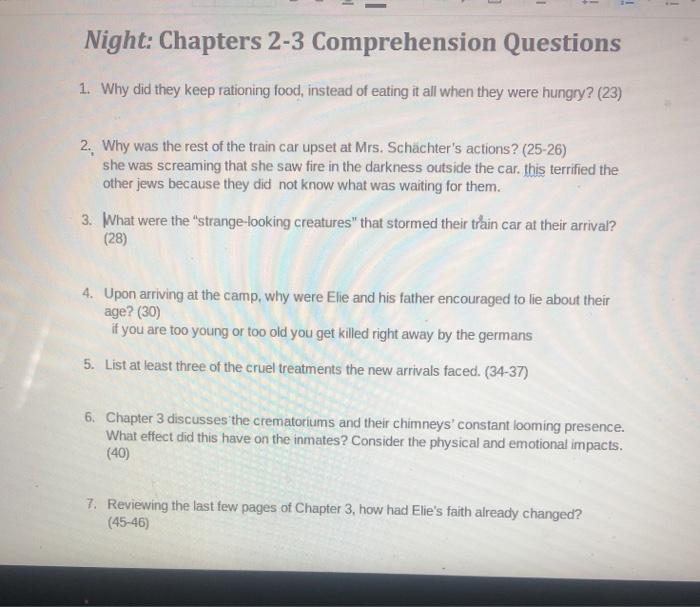 - Night: Chapters 2-3 Comprehension Questions 1. Why | Chegg.com