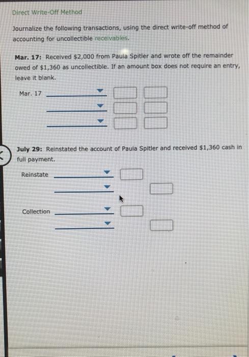 Solved Direct Write-off Method Journalize the following | Chegg.com