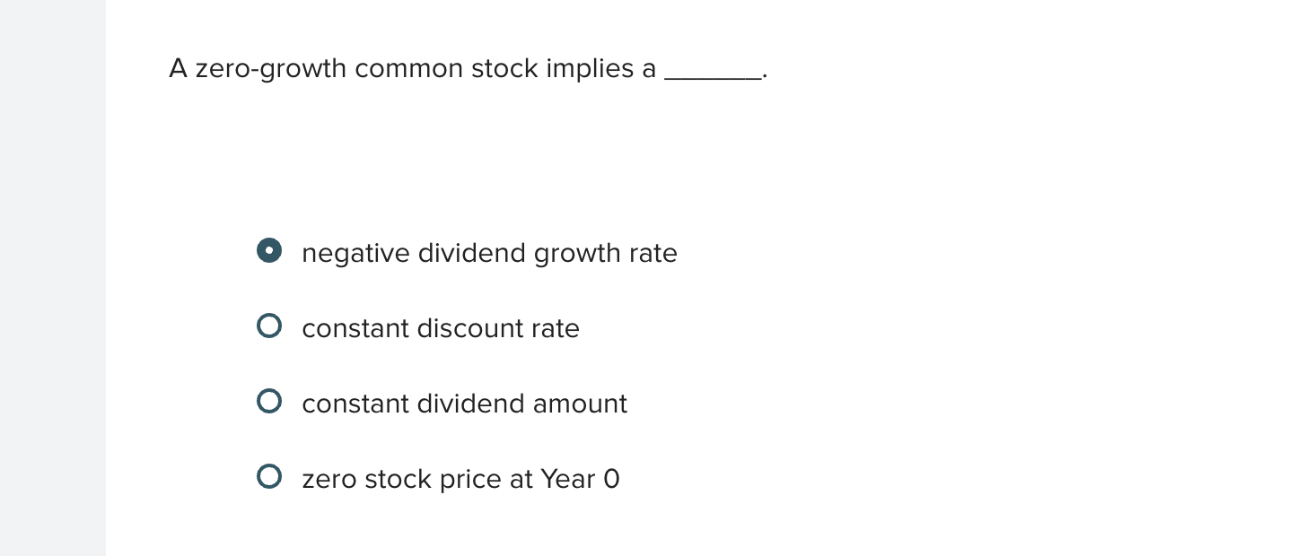 Solved A zero-growth common stock implies anegative dividend | Chegg.com