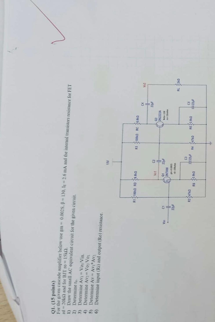 Q1. (15 ﻿points)For the given cascade amplifier below | Chegg.com