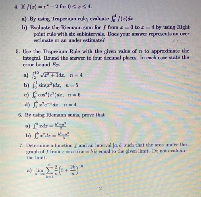 Solved 4. If f(x)=ex−2 for 0≤x≤4. a) By using Trapezium | Chegg.com