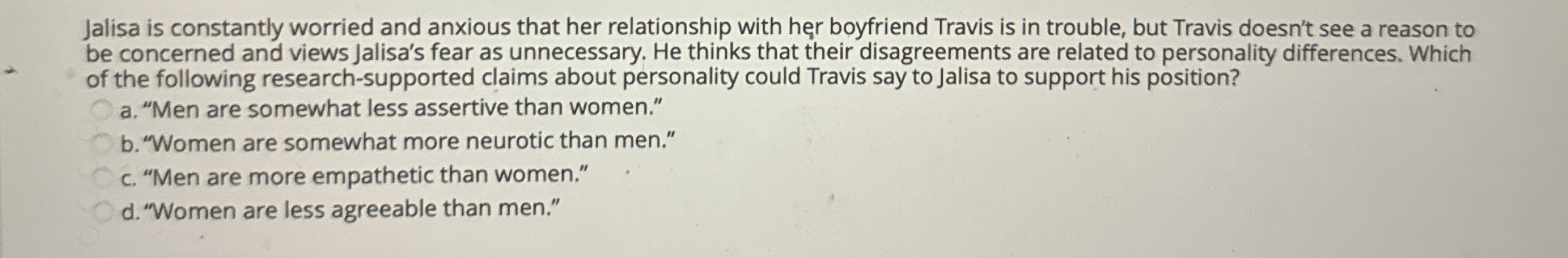 Solved Jalisa is constantly worried and anxious that her | Chegg.com