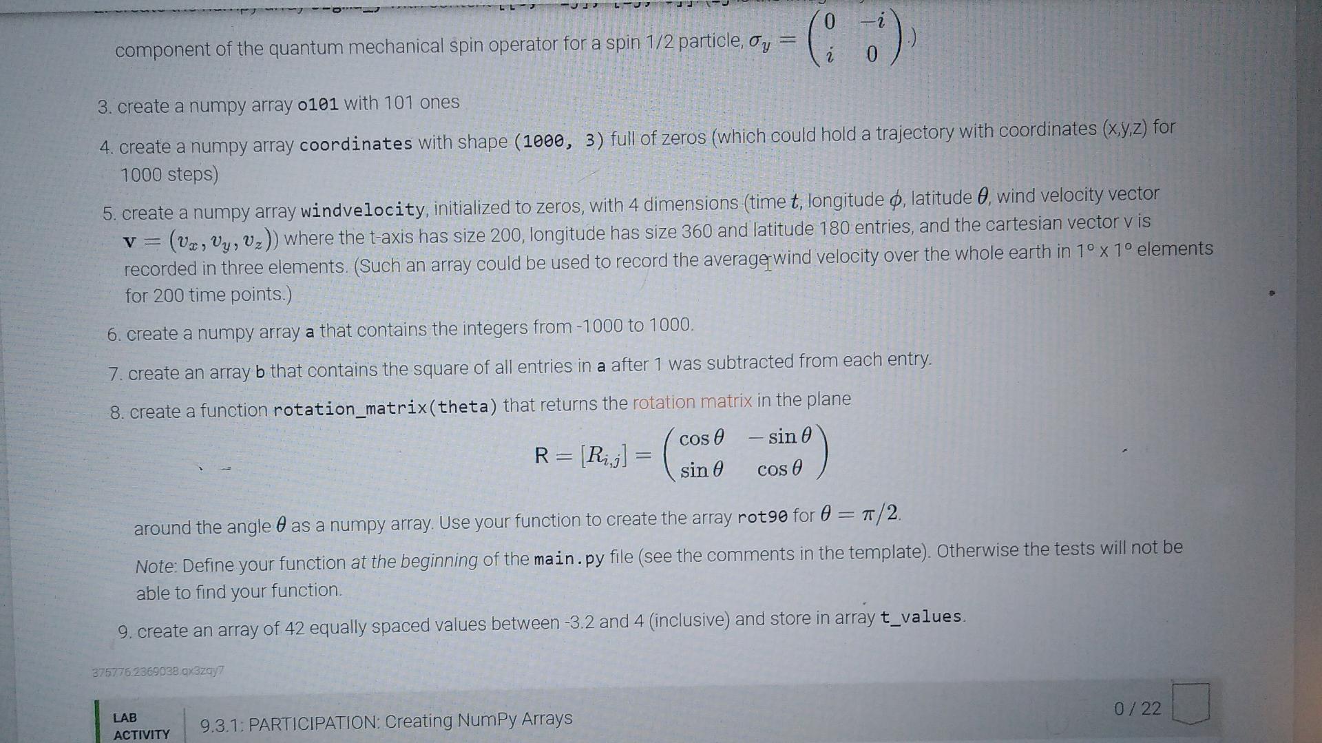 Solved 9.3 PARTICIPATION: Creating NumPy Arrays In this | Chegg.com