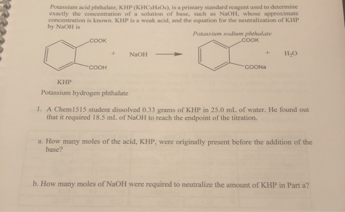 Solved Potassium acid phthalate, KHP (KHC.H.O.), is a | Chegg.com