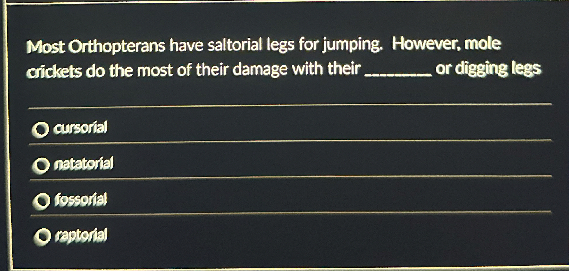 Solved Most Orthopterans have saltorial legs for jumping. | Chegg.com