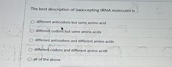 Solved The best description of isoaccepting tRNA molecules | Chegg.com