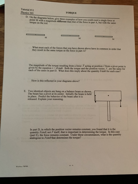 Solved Tutorial #11 Physics 205 TORQUE D. On the diagrams | Chegg.com