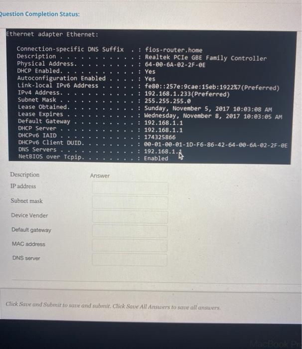 Solved Using the following screen capture of ipconfig/all | Chegg.com