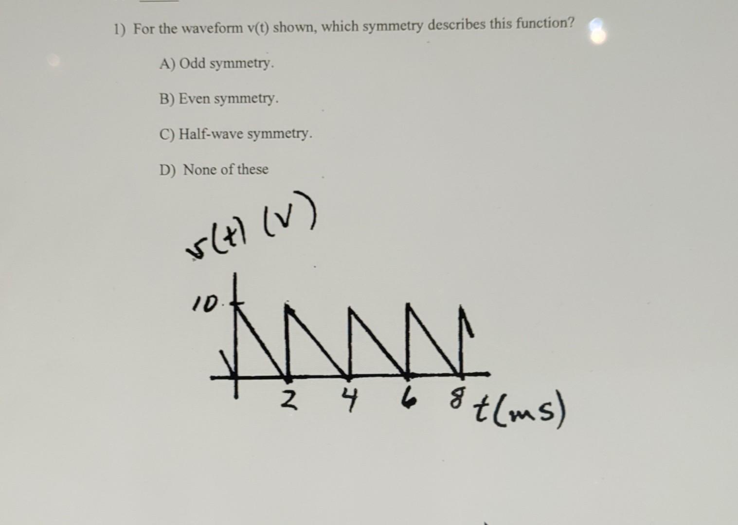 Solved 1) For the waveform v(t) shown, which symmetry | Chegg.com