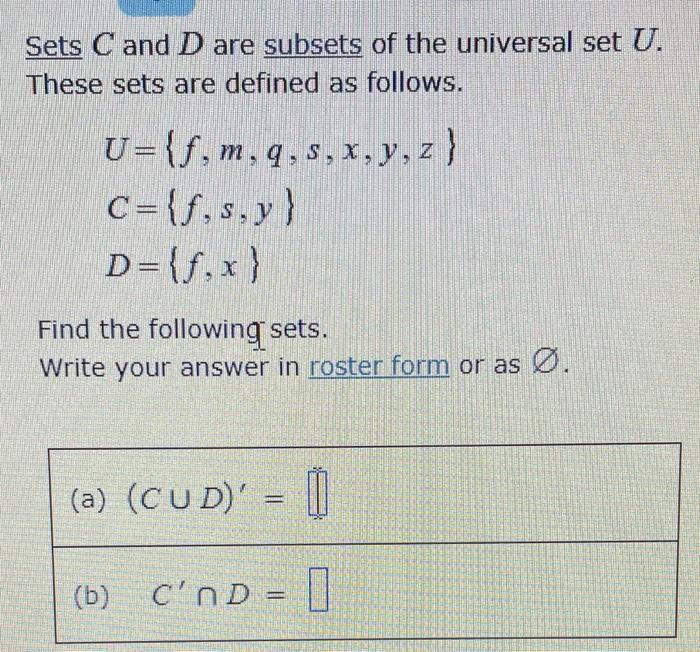 Solved Sets C and D are subsets of the universal set U. | Chegg.com