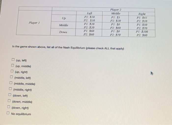 Solved Up Plaver 1 Plaver 2 Middle PI $70 P2: $50 PI $60 P2. | Chegg.com