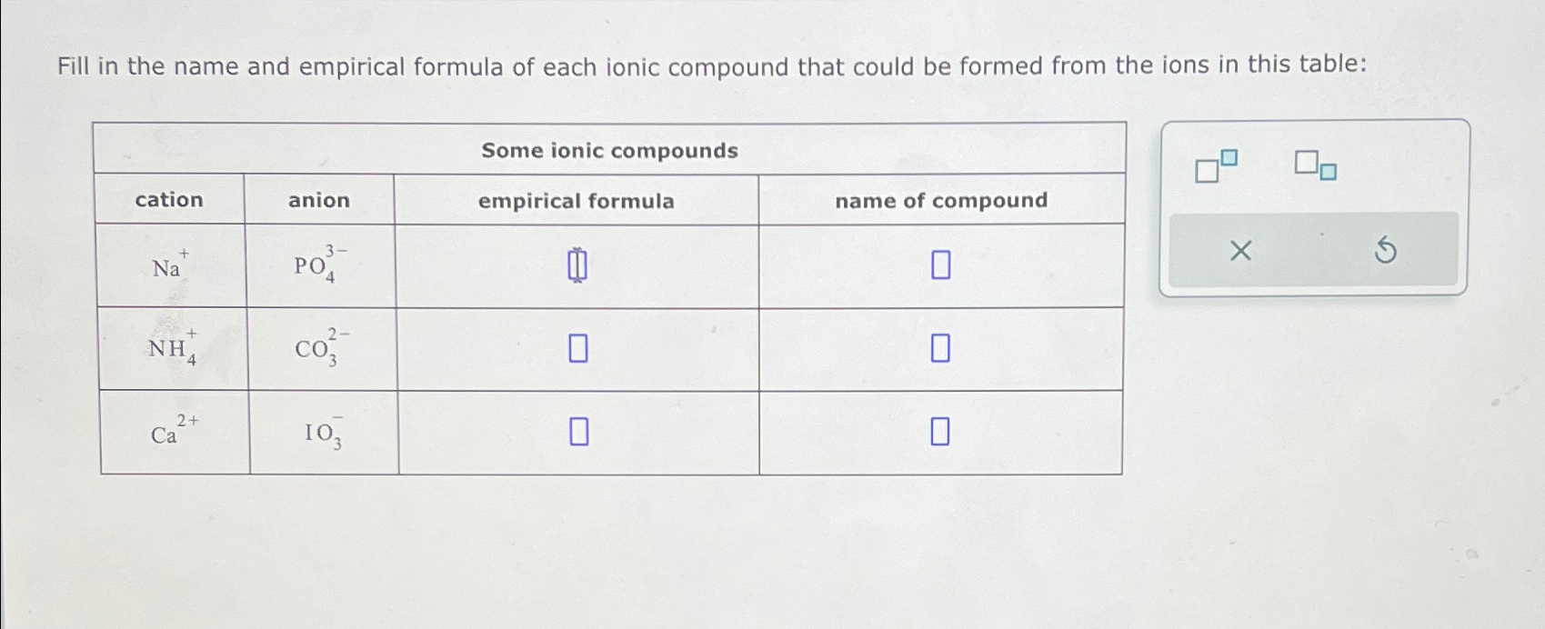 Solved Fill in the name and empirical formula of each ionic | Chegg.com