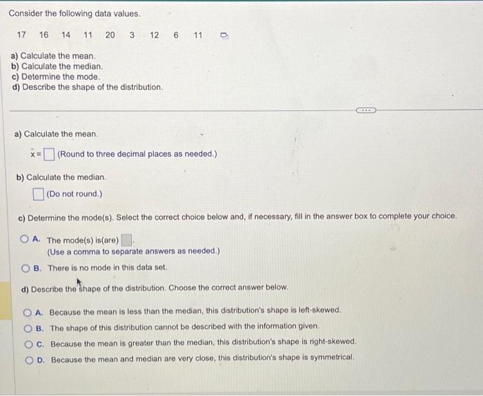 Solved Consider the following data values. a) Calculate the | Chegg.com