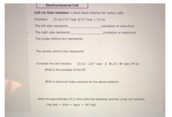 Solved Electrochemical Cell Cell (or line) notation - short | Chegg.com