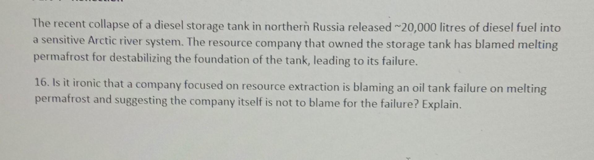 Solved The recent collapse of a diesel storage tank in | Chegg.com