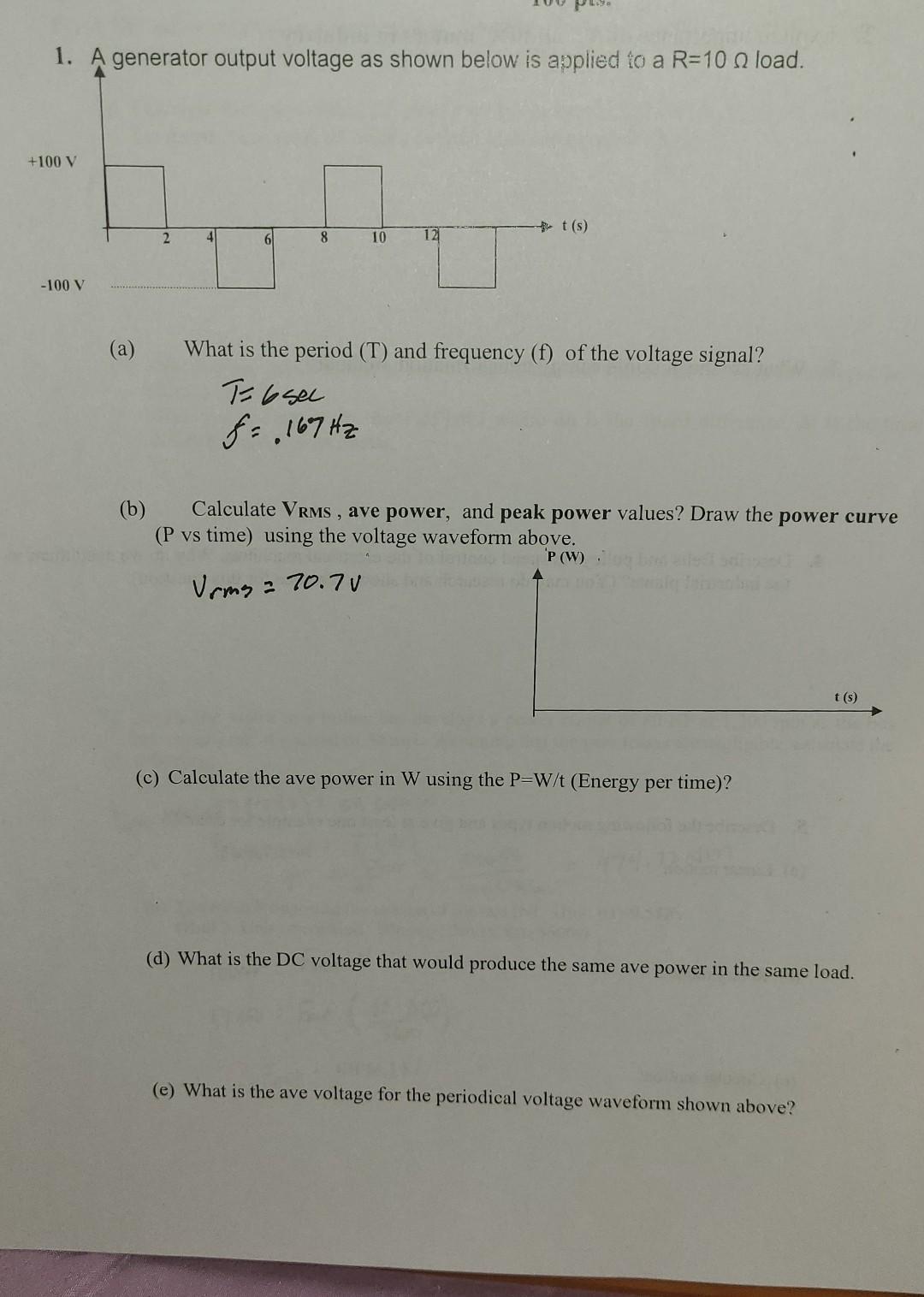 Solved 1. A generator output voltage as shown below is | Chegg.com
