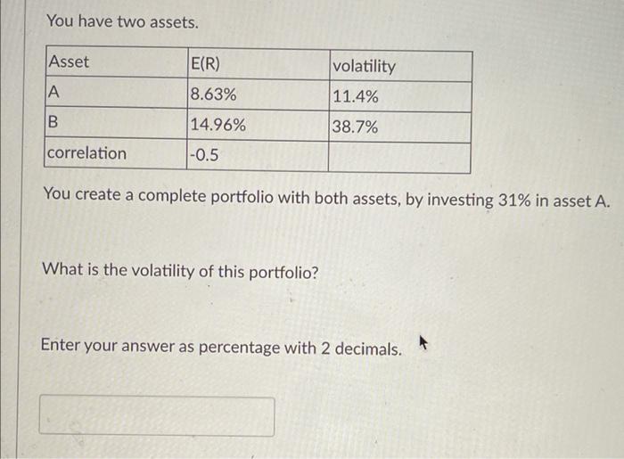 Solved You have two assets. Asset E(R) volatility A 8.63% | Chegg.com