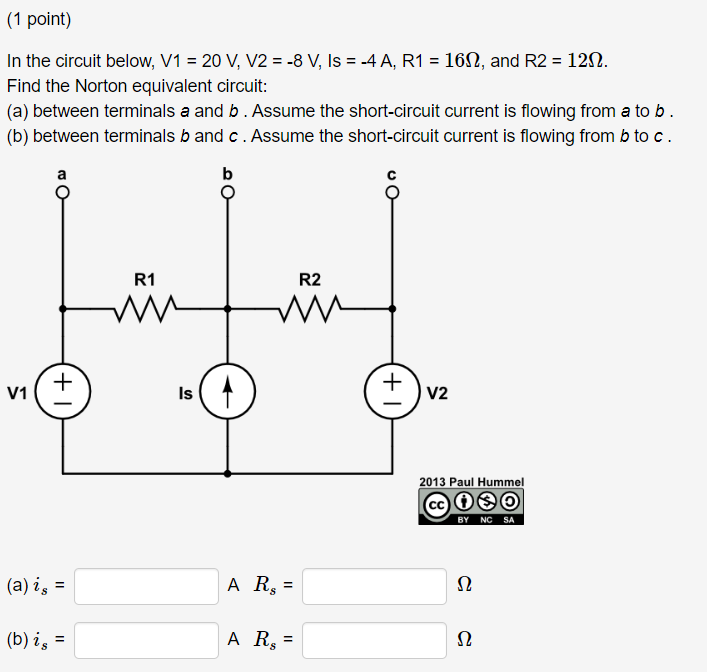 Solved (1 ﻿point)In the circuit below, V1=20V,V2=-8V, ﻿Is | Chegg.com