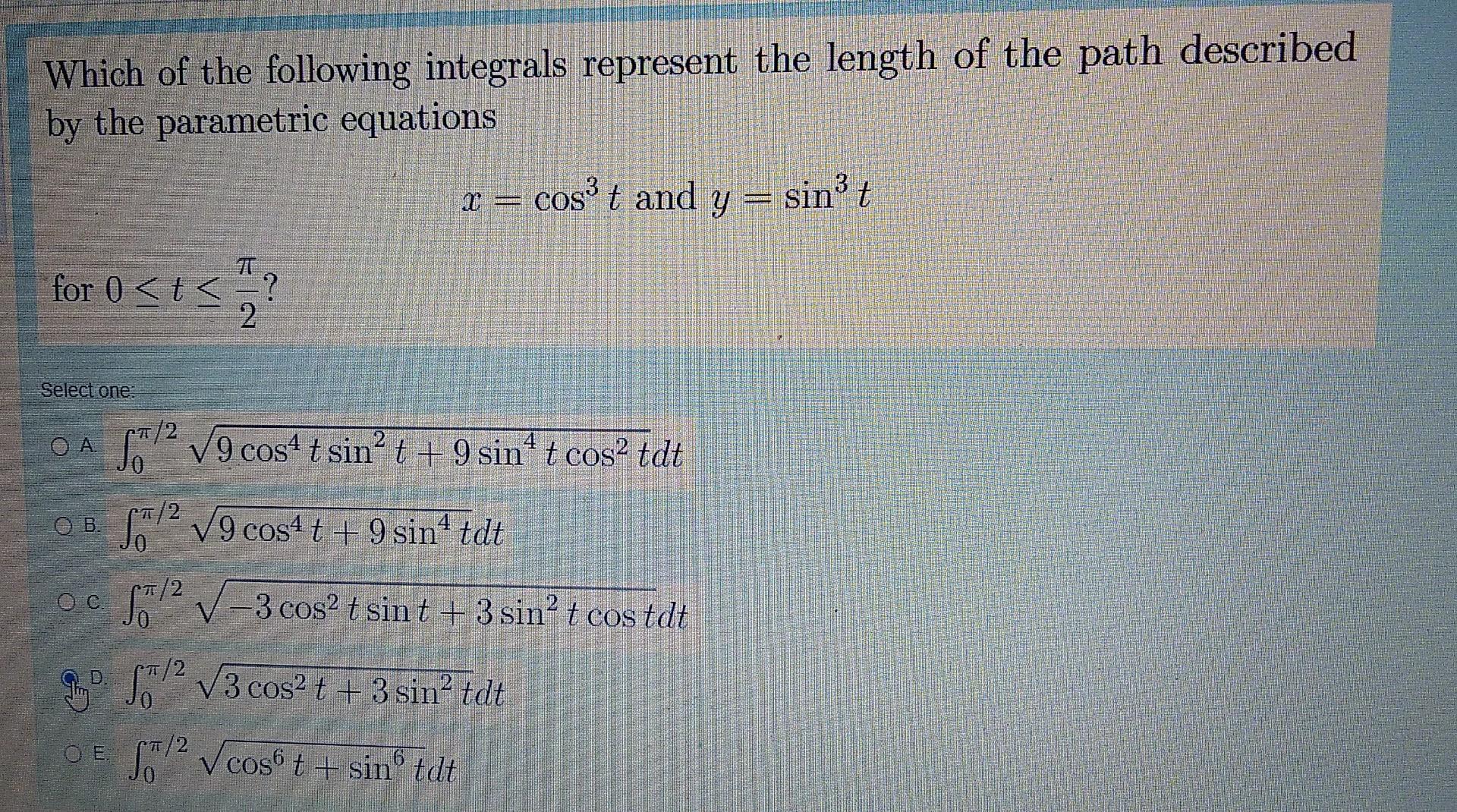 Solved Which of the following integrals represent the length | Chegg.com