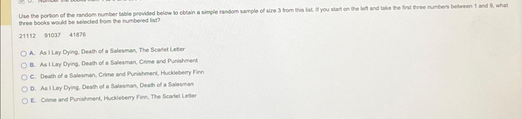 Solved Use the portion of the random number table provided | Chegg.com
