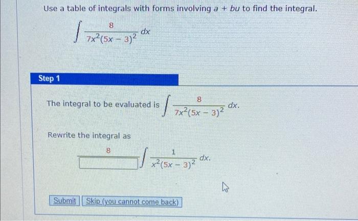 Solved Use a table of integrals with forms involving a+bu to | Chegg.com