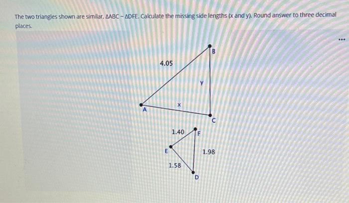 Solved The two triangles shown are similar, ABC∼ DFE. | Chegg.com