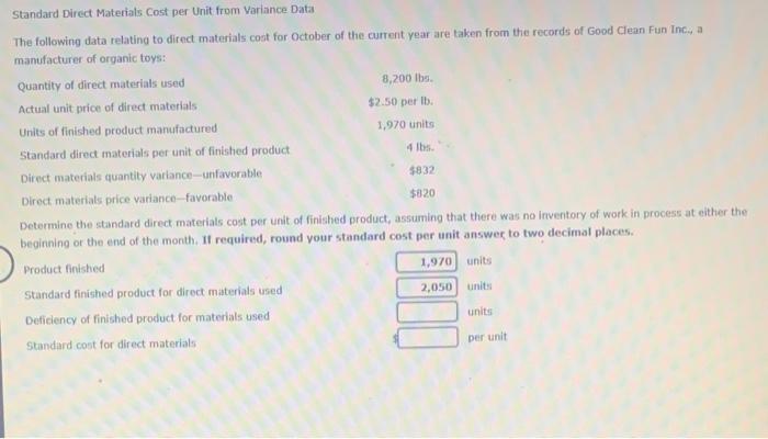 Solved Standard Direct Materials. Cost per Unit from | Chegg.com