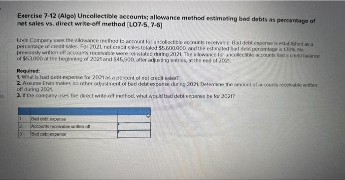 Solved Exercise 7-12 (Algo) Uncollectible accounts; | Chegg.com